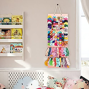 HUHYNN Headband and Hair Bow Holder for Baby Girl, Hanging Newborn Headband Organizer with 52 Hooks for Wall, Room, Door or Closet (Pink)