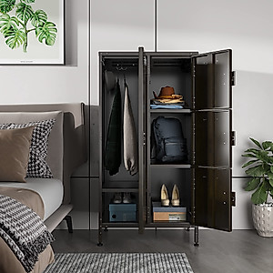 BYNSOE Metal Locker Storage Cabinet, 55.11” Employees Locker Wardrobe Industrial Steel Storage Cabinet with Hanging Rod Bar, Shelves and 4 Lockable Doors Vintage Locker for Home, School, Office, Gym