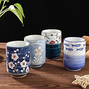 Junrutc Tea Cups,Pottery Chinese Tea Cup Set of 4,Japanese Yunomi Tea Cups,Asian Porcelian Tea Cups,10 oz,Handleless Ceramic Cup for Matcha Tea,Green Tea,Latte,Cappuccino.