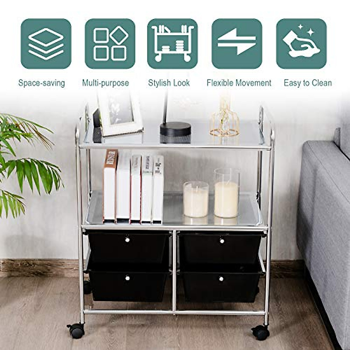 RELAX4LIFE Storage Cart W/Four Drawers, Wheels and Two Shelves, Stable Steel Frame Craft Cart for Office,Home, Make Up Storage and Files Arrangement Storage Cart Organizer (Black)