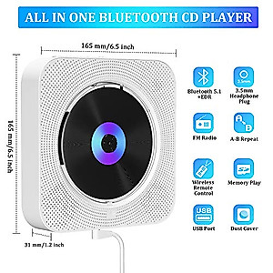Qoosea Portable CD Player with Bluetooth Wall Mountable CD Music Player Home Audio Boombox with Remote Control FM Radio Built-in HiFi Speakers MP3 Headphone Jack AUX Input Output