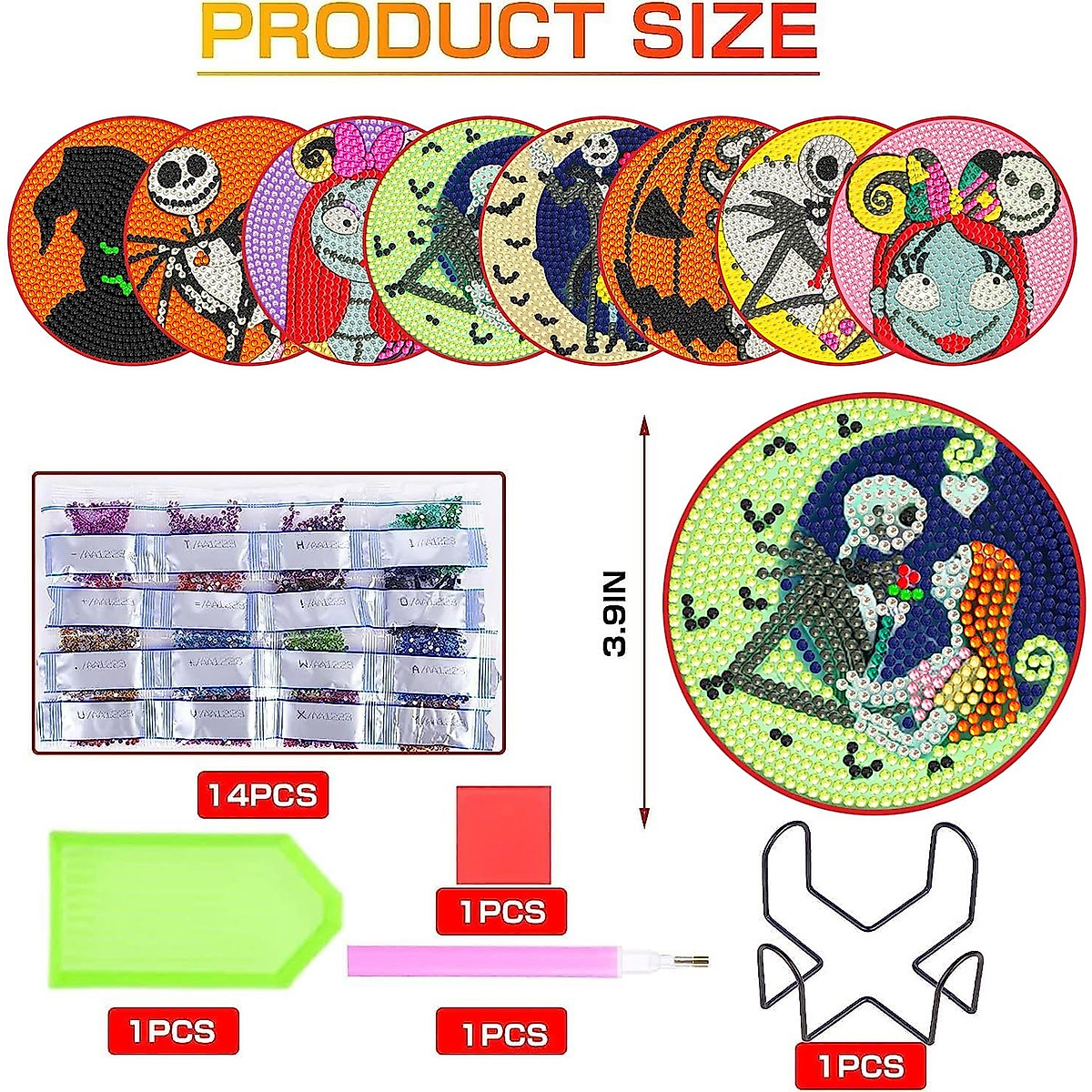 8 Pcs Halloween Diamond Paintings Coasters Kits with Holder, DIY Jack and Sally Coaster Diamond Art Kits,Full Drill Rhinestone Painting Kits for Adults & Kids,Beginners Art Craft Supplies