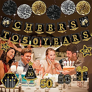 50th birthday decorations for men - (21pack) cheers to 50 years black gold glitter banner for women, 6 paper Poms, 6 Hanging Swirl, 7 decorations stickers. 50 Years Old Party Supplies gifts for men