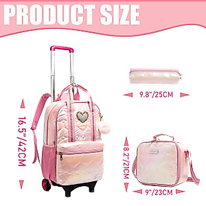 ZBAOGTW Rolling Backpack for Girls School Backpack with Wheels Kids Roller Backpack with Lunch Bag for Elementary School