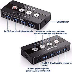 Rybozen USB 3.0 Switch 4 Ports for 4 PC 4 Inputs 4 Outputs USB Switch for Printer Keyboard Mouse Stick USB Hard Drive External Scanner, with Remote Control…