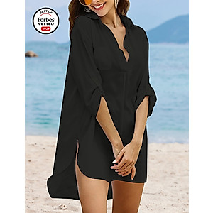 Ekouaer Beach Cover Ups for Women V Neck Bathing Suit Cover Up Bikini Swimsuit Coverup Beach Dress Shirt Black