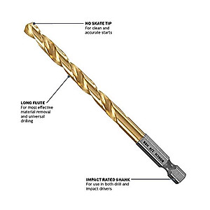 BOSCH TI2135IM 1-Piece 1/8 In. x 2-3/4 In. Titanium Nitride Coated Metal Drill Bit Impact Tough with Impact-Rated Hex Shank Ideal for Heavy-Gauge Carbon Steels, Light Gauge Metal, Hardwood