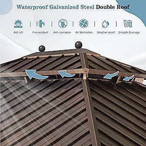 MELLCOM 12' x 14' Hardtop Gazebo, Brown Permanent Pavilion Gazebo with Curtains and Netting, Galvanized Steel Metal Double Roof Aluminum Gazebo with Aluminum Frame for Patio, Lawn & Garden