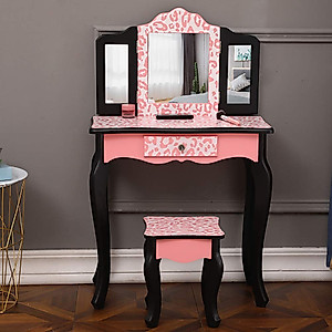 Guangshuohui Vanity Set with Mirror and Stool for Girls, Makeup Dressing Table with Drawer, Make Up Vanity Desk Princess Vanity Table for Girls (Red Leopard Print)