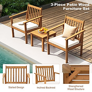Tangkula 3 Pieces Patio Wood Furniture Set, Acacia Wood Chairs and Coffee Table Set with Soft Cushions, Slatted Design, Outdoor Furniture Set for Porch, Yard, Balcony (White)