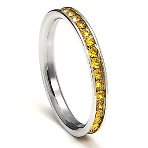 Metal Factory 316L Stainless Steel Lemon Yellow Cubic Zirconia CZ Eternity Wedding 3MM Band Ring Sz 4