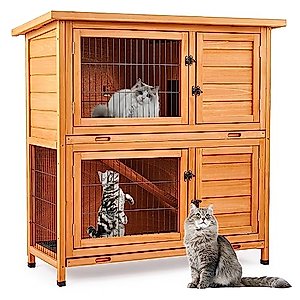 SNUGENS 2 Story Wooden Rabbit Hutch, Indoor Bunny Cage Chicken Coops Guinea Pig House Hamster Accessories, Nature Color with Ladder Fence Door Pull Out Tray for Little Small Animals