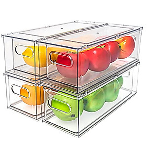 4Pack Stackable Fridge Organizer Drawers Pull Out Bins Clear Refrigerator Drawer Storage Box Divided Produce Saver Containers for Veggie Fruit Pantry Cabinet Makeup Clothes
