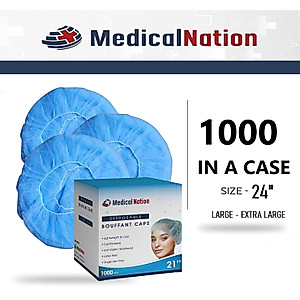 MEDICAL NATION 24" Disposable Bouffant Caps Hair Net | CASE OF 1000, BLUE | Non-Woven, Non-Pleated Hairnets | Perfect for Medical, Hospital, Labs, Nurse, Tattoo, Food Service, Cooking | Blue, Size 24"