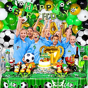 HJINGY 280 PCS Soccer Party Decorations, Soccer Themed Birthday Party Supplies Includes Soccer Balloons, Curtains, Happy Birthday Banner, Tablecloth, Plates, Napkins, Cake Toppers for Boys Sport Party