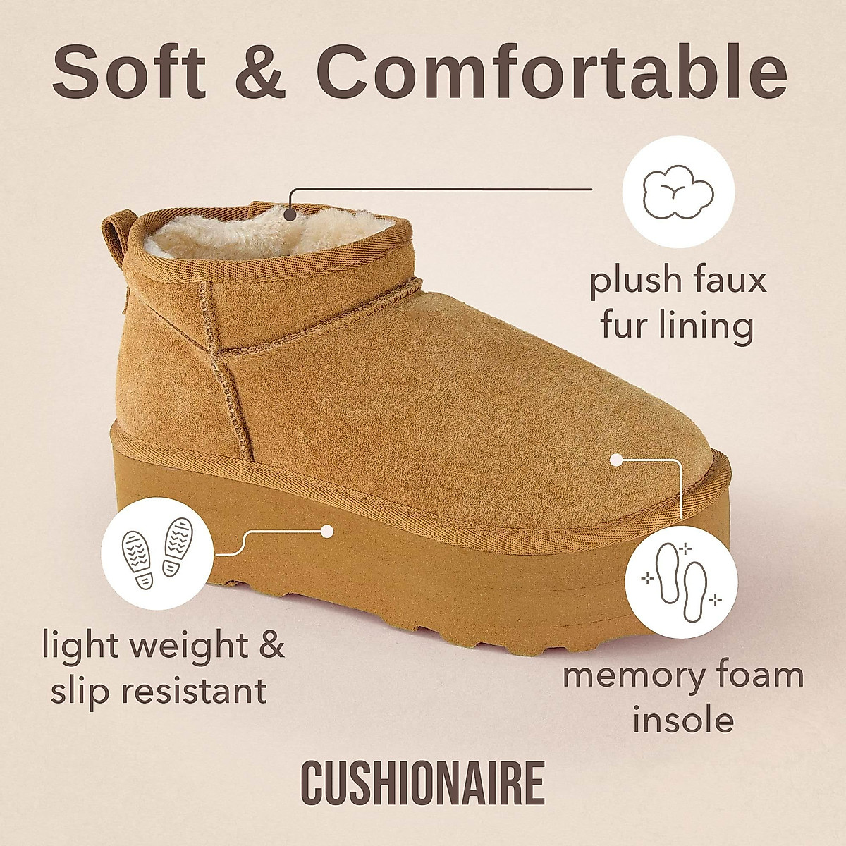 CUSHIONAIRE Hippy Women’s Platform Ankle Boots – Genuine Suede, Faux Fur Lining, Cozy Winter Slip-On Design boots for women, CHESTNUT 11
