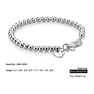 Meilanduo 925 Sterling Silver Women's 4MM-6MM Italian Bead Ball Chain Bracelet, Handmade Bead Italian Bracelet, Lobster Claw Clasp - Sizes 5.1" to 8.3" Inch - (Silver-Tone, 4mm 5.1")