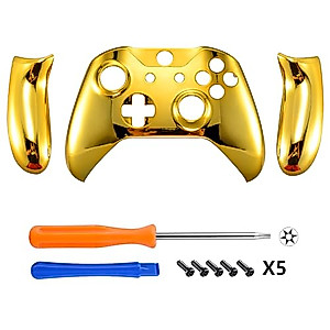 eXtremeRate Chrome Gold Top Shell Front Housing Faceplate Replacement Parts with Side Rails Panel for Xbox One X & One S Controller (Model 1708)