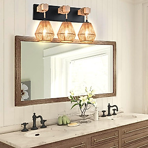 ILLMTW 3-Light Bathroom Vanity Lights Over Mirror,Farmhouse Wood Vanity Light Fixtures for Bathroom,Boho Rustic Adjustable Color with Woven Rattan Wicker Wall Sconces for Hallway Bedroom Living Room