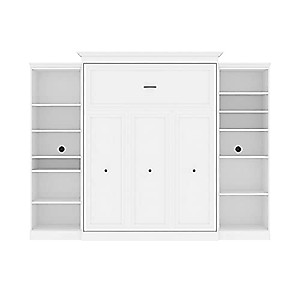 BOWERY HILL Vera Easy-Lift Queen Murphy Wall Bed with Double Bookcase Storage in White