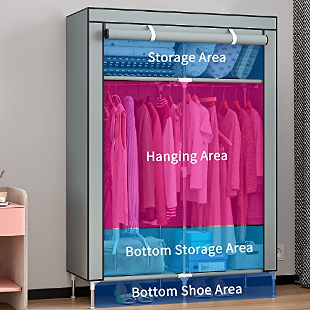 TIE-DailyNec Closet Portable Wardrobe Clothes Storage Organizer with Hanging Rails, Non-Woven Fabric Wardrobe Freestanding Storage Shelves, Durable & Easy Assembly Closet (Silver Gray)