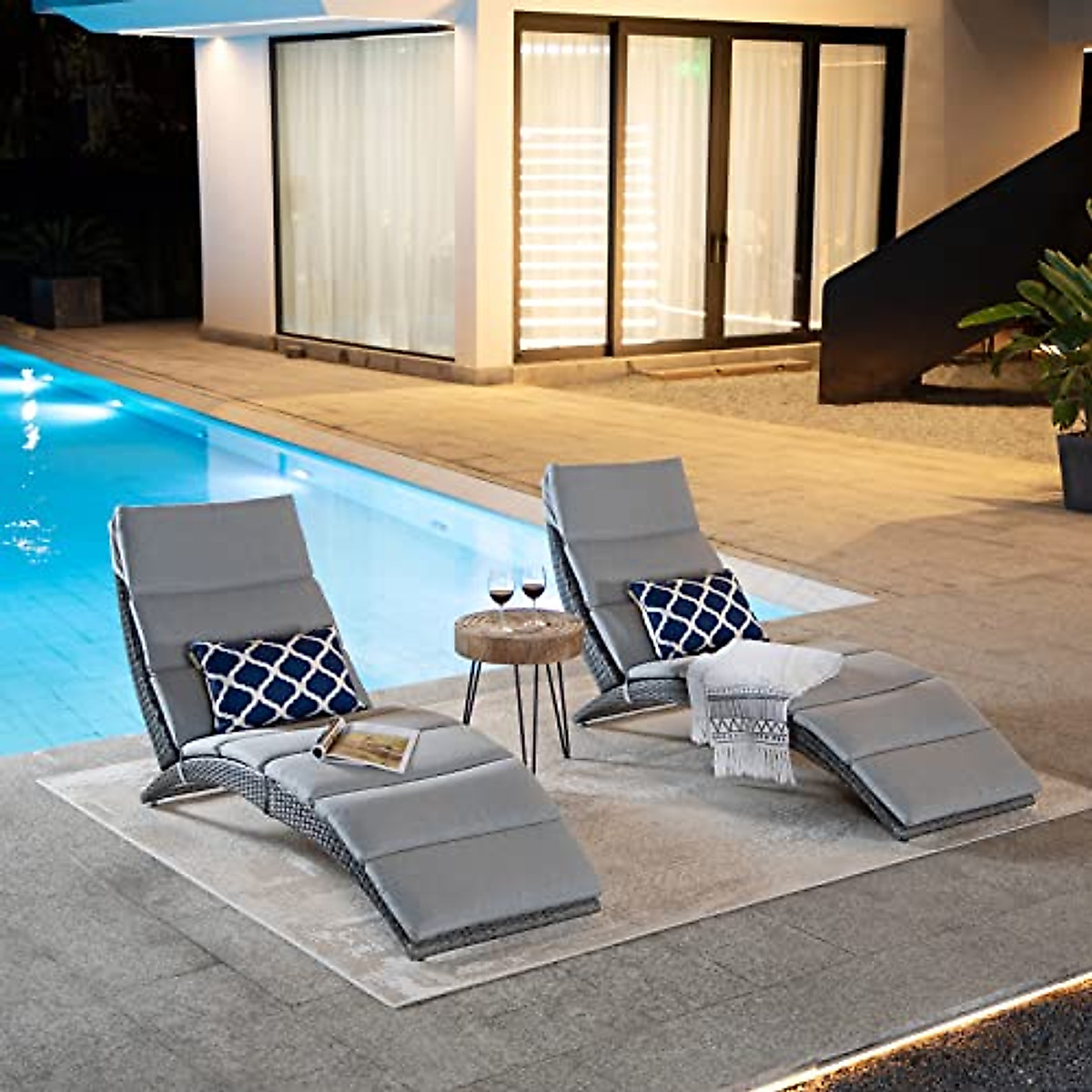 JOIVI Patio Chaise Lounge, Outdoor Lounge Chair, PE Rattan Foldable Chaise Lounger with Removable Light Gray Cushion, Suitable for Poolside, Garden, Balcony 2 Pack