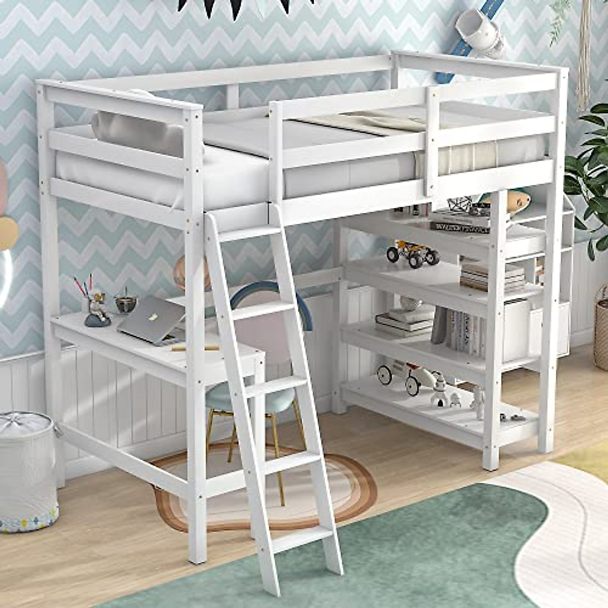 HZHOME Twin Size Loft Bed with Desk and Shelves, Wood LoftBed Frame with Ladder and High Guardrail, for Kids Teens Bedroom Dorm, White