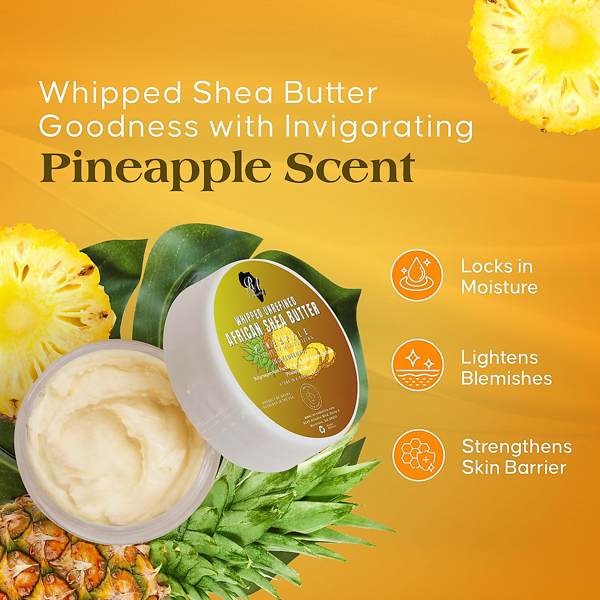 RA COSMETICS Whipped Shea Butter Pineapple - 12oz | 100% Pure & Natural African Shea Butter for Men & Women - Ultimate Handcrafted Moisturizer with Essential Vitamins for Radiant Skin & Luscious Hair