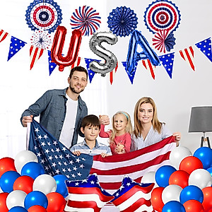 4th of July Patriotic Party Decorations 48PCS Independence Day Decorations with Red White and Blue BalloonsUSA Flag Pennant BannerStar BalloonsUSA Foil Balloons Paper Fans for National Day