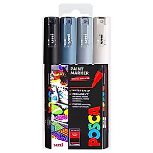 Uni POSCA - PC-1M Art Paint Markers - Set of 4 - In Plastic Wallet - Grey Tones