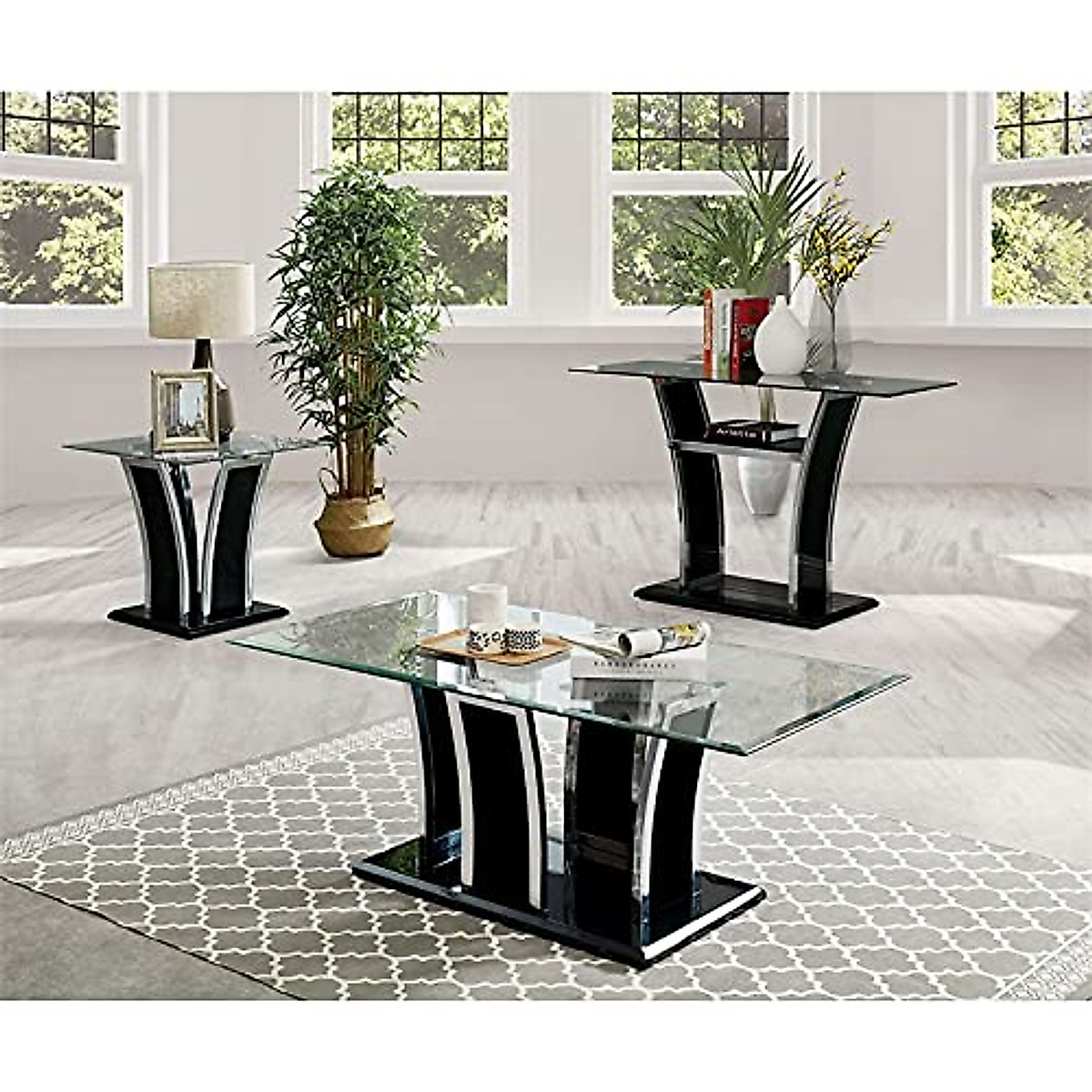 BOWERY HILL Contemporary Metal 3-Piece Coffee Table Set in Black Finish