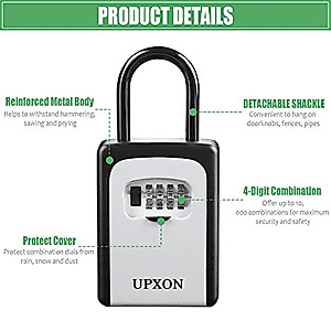 Key Lock Box, UPXON Large Capacity Key Safe Lock Box with Resettable Code, Portable Combination Lockbox for House Keys, Waterproof Wall Mounted Key Box for Home, Hotels, Office, Realtor Grey 1 Pack
