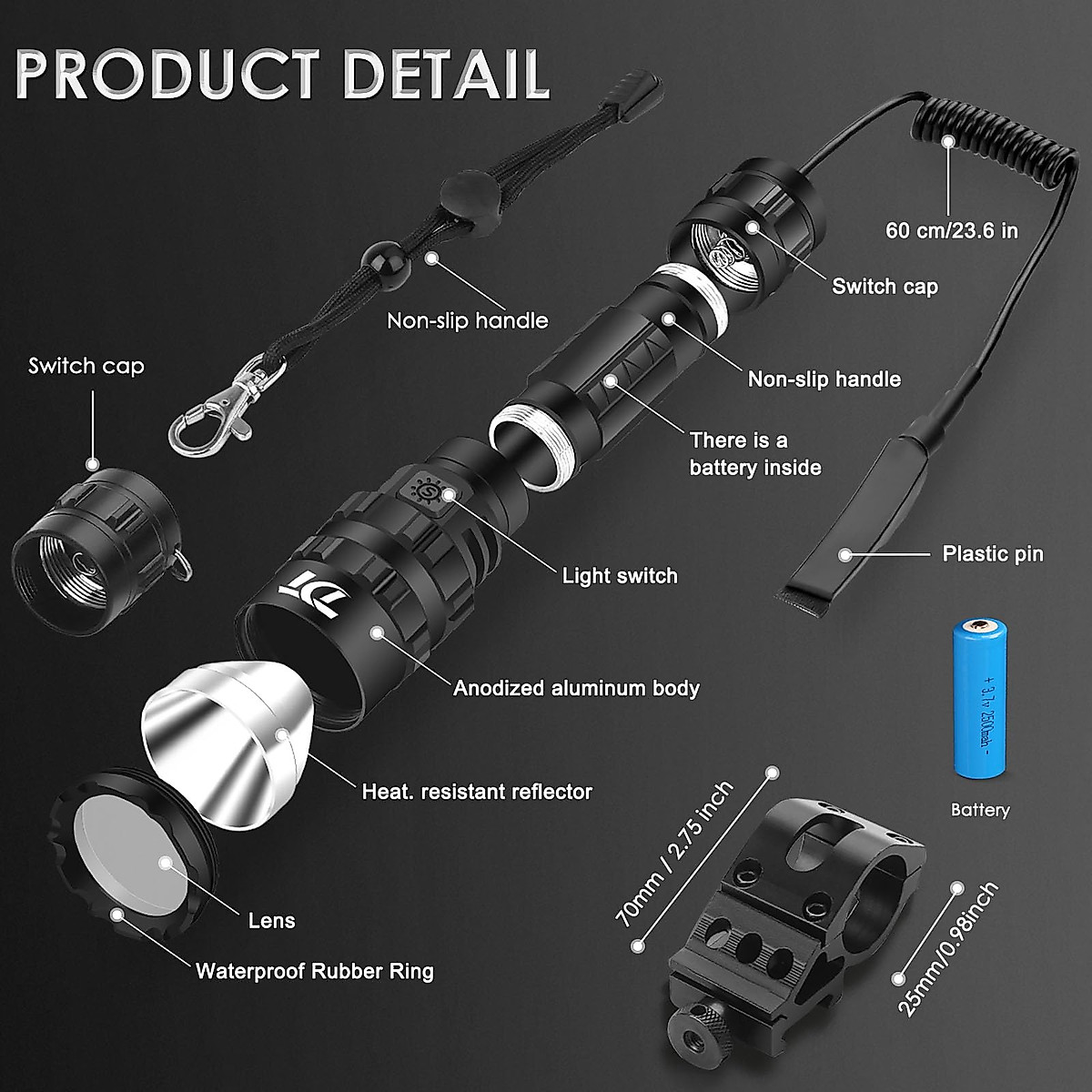 TDT 3000 Lumen Tactical Flashlight LED Tactical Light Comes with IPX7 Waterproof, 2 Switch Modes, 5 Modes Super Bright, Rechargeable Picatinny Flashlight for Tactical and Outdoor Scenes