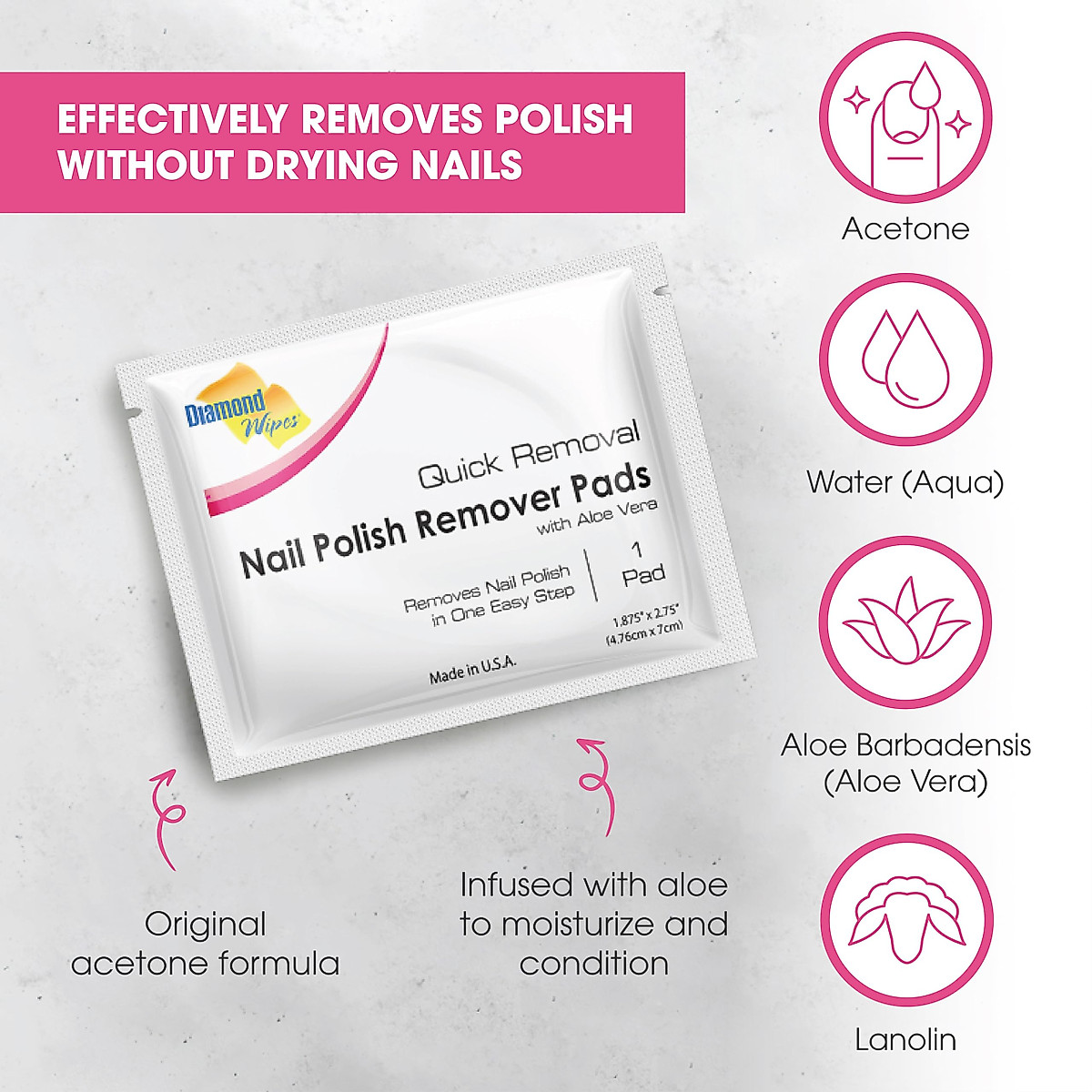Diamond Wipes Nail Polish Remover Wipes with Aloe Vera, Acetone Nail Polish Remover Pads, 50 Individually Wrapped Nail Polish Wipes