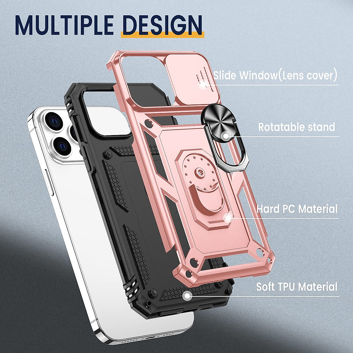 Goton Armor Case for iPhone 13 Pro Max Stand Case with Slide Camera Cover & Kickstand Military Grade Heavy Duty Protective with Magnetic Car Mount Holder for iPhone 13 Pro Max 6.7 Rosegold