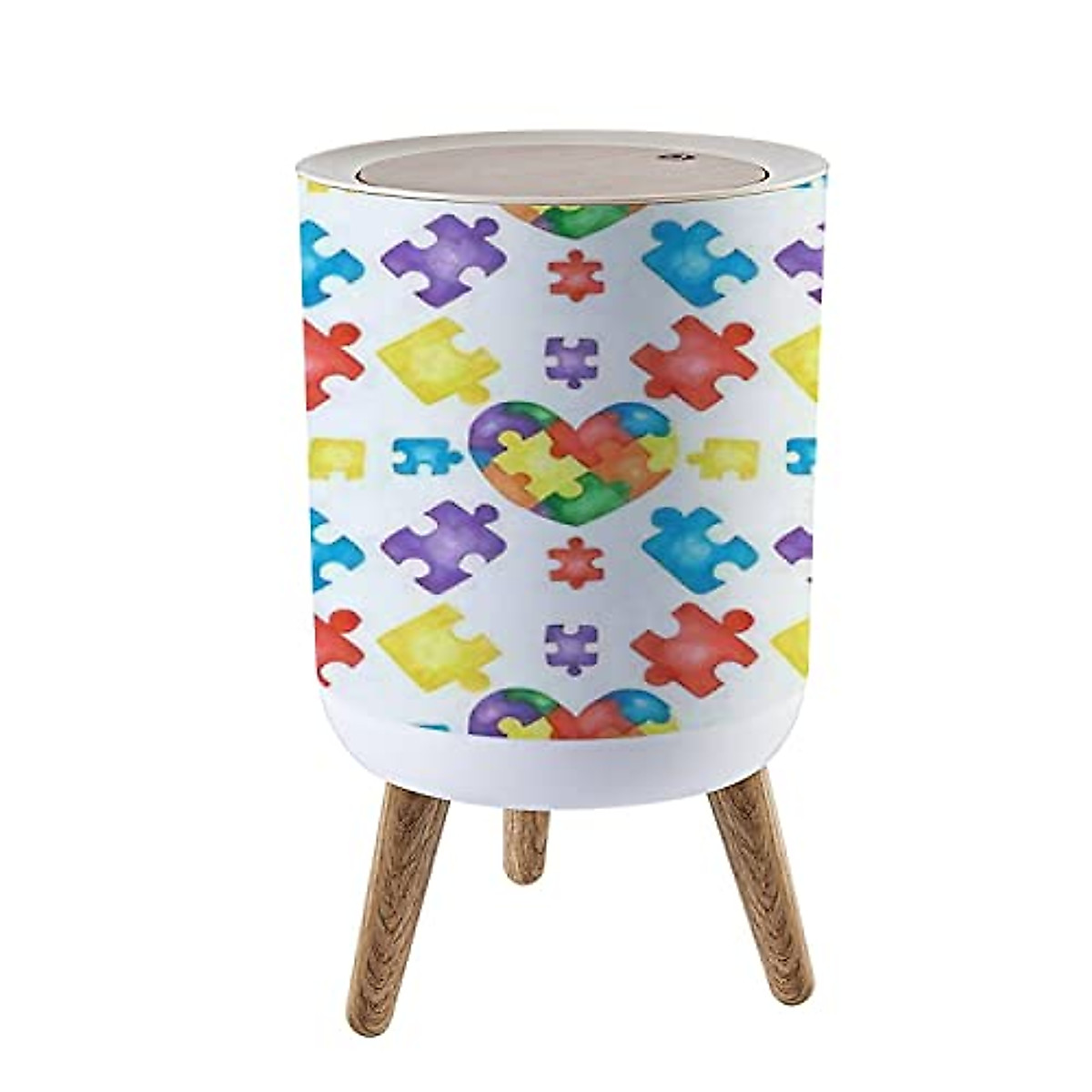 Trash Can with Lid Seamless with Colorful Jigsaw Puzzles and Heart on White Watercolor Wood Small Garbage Bin Waste Bin for Kitchen Bathroom Bedroom Press Cover Wastebasket 7L/1.8 Gallon