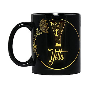 Coffee Mug Personalized Yetta Name & Initial Letter Monogram Floral Alphabet Mug Golden Flowers Custom Black Coffee Cup, Gift for Her Mom Coworker Sister, Wife, Girl 11oz Black Mug 088252