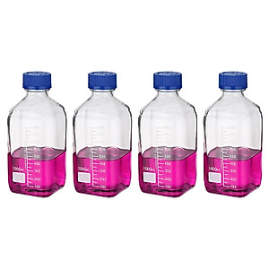 PATIKIL 4 Pack Reagent Media Storage Bottles, 1000ml Borosilicate Glass Square Graduated Round Bottles with GL32 Blue Screw Cap for Lab Water Reagent Liquids, Clear