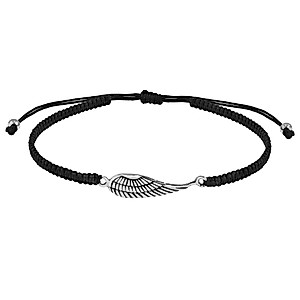 AeraVida Mystical Sideways Heaven's Angel Wing .925 Sterling Silver Charm on Black Adjustable Bracelet | Stylish Handmade Jewelry for Women | Statement Bracelet | Boho Jewelry