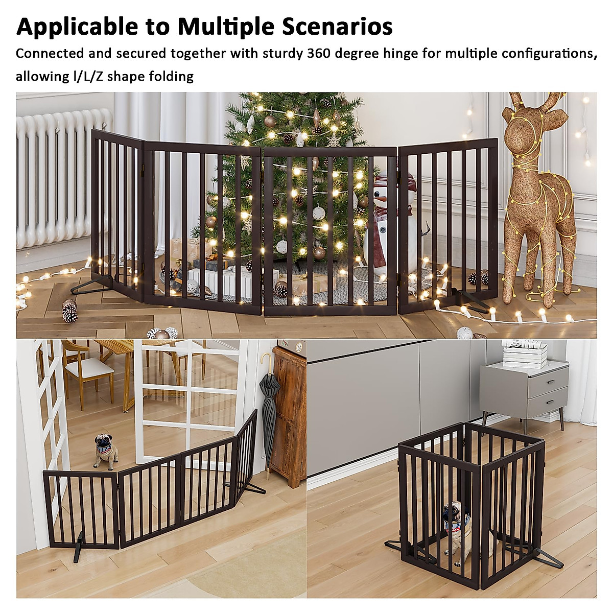 Wooden Dog Gate Foldable Dog Fence Freestanding 4 Panel Pet Gates Freestanding Folding Dog Gates House Pet Gate for Dogs Gate for Indoors,Extra Wide Dog Gate 24in Height with 2PCS Support Feet