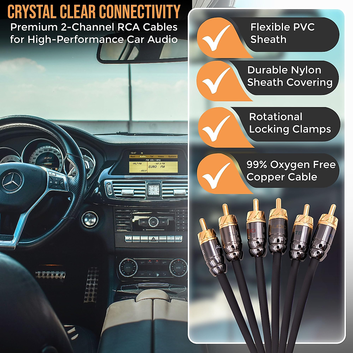 Elite Audio Pro Series 15ft. 6-Channel Car Audio RCA Cable - Triple Shielded, Brass Connectors, Oxygen Free Copper Noise Reducing Audio Cable for Amplifiers Subwoofers Speakers and Processors – PRO615