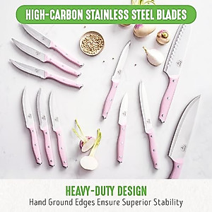 GreenLife High Carbon Stainless Steel 13 Piece Wood Knife Block Set with Chef Steak Knives and more, Comfort Grip Handles, Triple Rivet Cutlery, Soft Pink