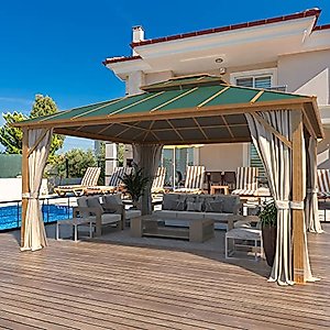 MELLCOM 12' x 14' Hardtop Gazebo, Wooden Grain Coated Aluminum Frame Outdoor Gazebo with Aluminum Double Roof, Blackish Green Metal Gazebo with Curtains and Nettings for Patios, Gardens, Lawns
