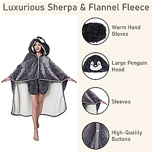 Penguin Wearable Hooded Blanket - Warm & Cozy Oversized Blanket Hoodie with Hand Gloves- Soft Plush Premium Sherpa and Flannel Fleece Hoodie Blanket - Penguin Gifts for Women Adults and Kids