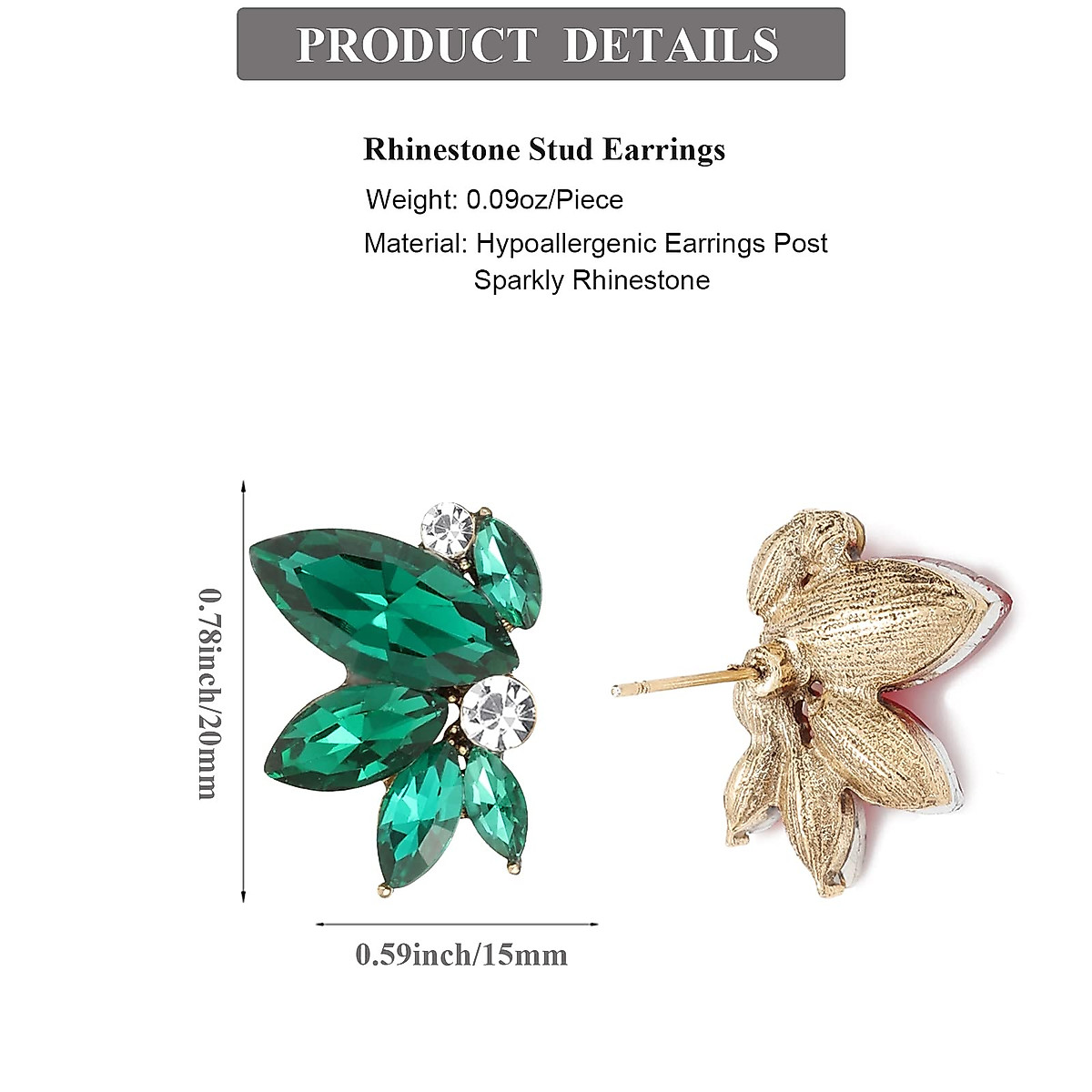 Green Rhinestone Earring Sparkly Faux Crystal Stud Earrings for Women Wedding Prom Party