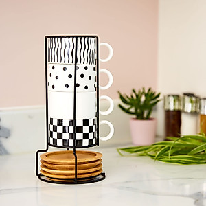 SUPERLY Stackable Espresso Cups Set of 4 - Espresso Mugs with Wooden Saucers, Metal Stand - Durable Porcelain Espresso Cup - Easy To Clean, Dishwasher-Safe - Modern Coffee, Latte, Tea Mug Set - 6 Oz