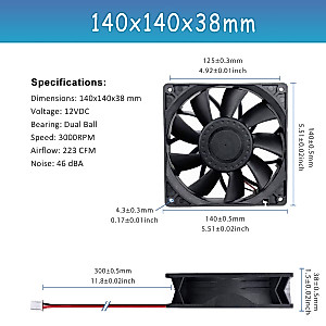 GDSTIME 140mm High Static Pressure Cooling Fan 2-Pin 140x140x38mm DC 12V Ball Bearing for Radiator Heatsink