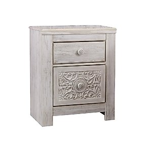 Signature Design by Ashley Paxberry Boho 2 Drawer Nightstand with 2 Slim-Profile USB Charging Ports, 29.21" Tall, Whitewash