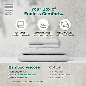 THREAD SPREAD Viscose from Bamboo Sheets, 4 Piece Set, Sheets for Queen Size Bed, with Deep Pocket Fitted Sheet, Soft & Cooling Luxury Sheets, Light Grey Sheets (Queen, Light Grey)