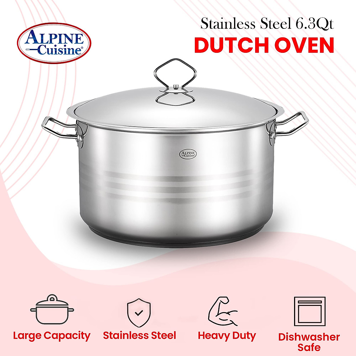 Alpine Cuisine 6.3-Quart Stainless Steel Dutch Oven with Lid & Easy Cool Handle, Food Grade Stainless Steel Heavy Duty, Commercial Grade Healthy Cookware kitchen Dutch oven, Dishwasher Safe